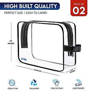VYRL 2 Pack Clear Makeup Bag - Quart Size 3-1-1 TSA Approved Toiletry Bag with Zipper - Water-Resistant Durable PVC Clear Toiletry pouches for Carry-on Airport Travel Accessories - Black