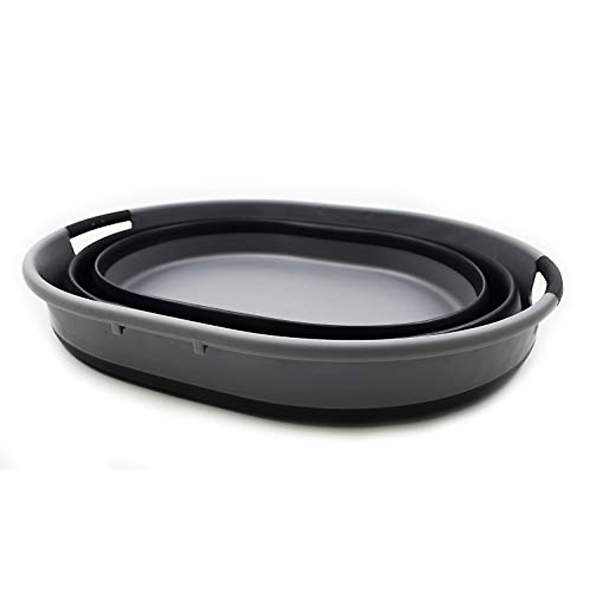 SAMMART 25L(6.6 Gallon) Collapsible Plastic Laundry Basket-Oval Tub/Basket-Foldable Storage Container-Portable Washing Tub-Space Saving Laundry Hamper, Water Capacity 20L(5.28 Gallon)(2, Grey/Black)