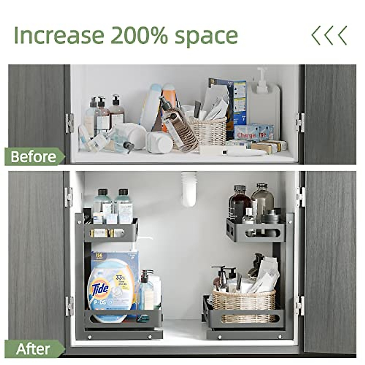 NETEL Under Sink Organizers and Storage, 2 Pack Metal Pull Out Under Cabinet Organizer with 4 Hooks,Kitchen Cupboard Organizer Shelf, Sliding Drawers for Bathroom