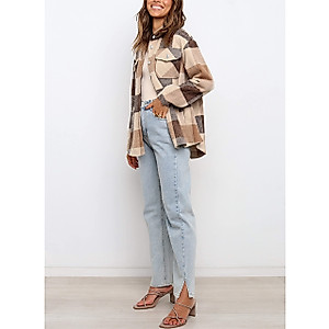 UANEO Womens Plaid Shacket Button Down Wool Blend Fall Flannel Shirt Jacket (Brown-L)