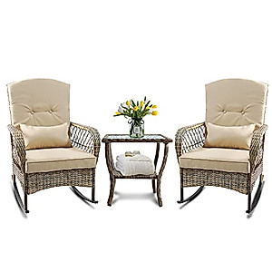 CIRMUBUY 3-Piece Patio Furniture Set,Outdoor Rocking Chairs Set of 2, Patio Conversation Set with 2 Wicker Chairs with Glass Coffee Table and Cushions for Garden,Porch,Backyard, Bistro (Beige)