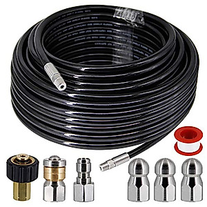 Twinkle Star Sewer Jetter Kit for Pressure Washer -100 ft Hose, 1/4 Inch NPT, Drain Cleaning Hose, Button Nose & Rotating Sewer Jetting Nozzle, Orifice 4.0, 4.5, 5.5, 4000 PSI
