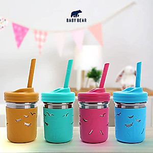 Baby Bear Products Kids Cups - Set of 4, 250ml Stainless Steel Mason Jar with Silicone Sleeves and Straws with Stoppers | Smoothie Cups | Spill Proof Toddler Sippy Cups