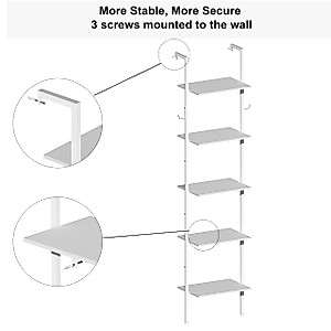 Tohomeor Industrial Bookshelf Wall Mounted 5-Tiers Ladder Shelf Wooden and Metal Narrow Thin Bookshelf Open Display Storage Rack for Living Room Bedroom Home Office (White, Narrow)