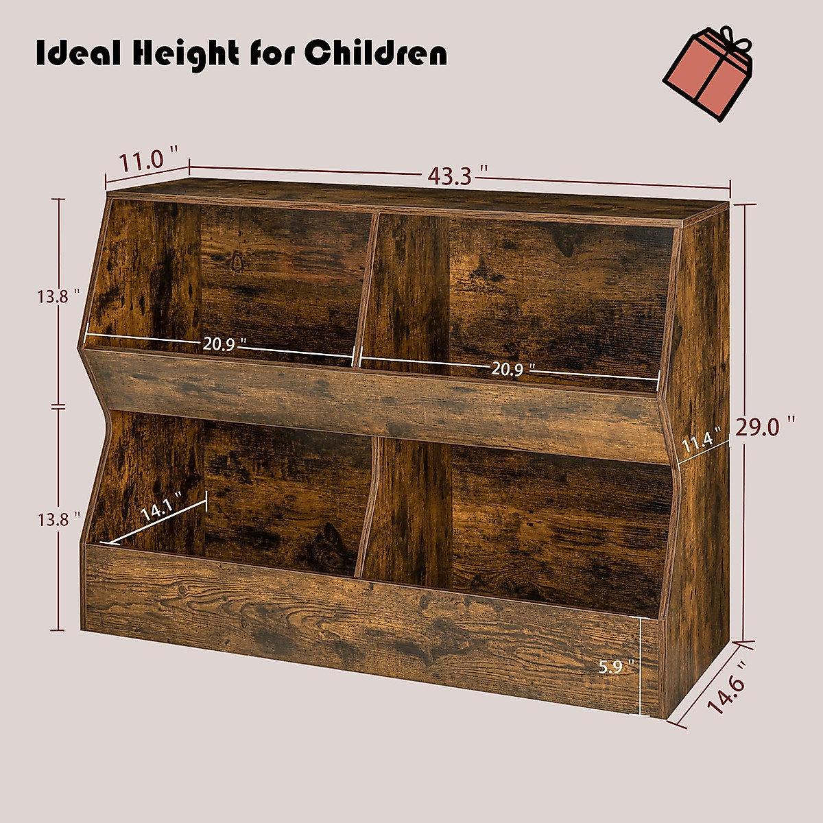 DINZI LVJ Kids Bookshelf, Toy Storage Organizer, Wooden Toy Storage Cabinet, 4 Cubby Children Bookcase, Toddler Book Toy Shelf for Bedroom, Nursery, Hallway, School, 31.5" Long, Rustic Brown