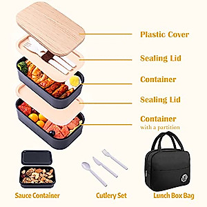Bento Box with Lunch Bag Microwavable All-in-One Meal Prep Compartment Lunch Containers with Utensils Leak Resistant Lunch Box with Sauce Container 60oz Black
