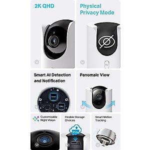 TP-Link Tapo 2K QHD Pan/Tilt Wi-Fi Camera | Physical Privacy Mode | Color Night Vision | AI Detection | Motion Tracking | 2-Way Audio | Local/Cloud Storage | Works w/Alexa&Google Home | (Tapo C225)