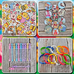 Generic 124PCS Bear Baby Shower Party Favor Supplies, Themed Birthday Decorations Including 12 Bracelets, 12 Keychains, 12 Button Pins, 50 Stickers, 14 Stampers, 12 Bubble Wands and Stickers, Yellow