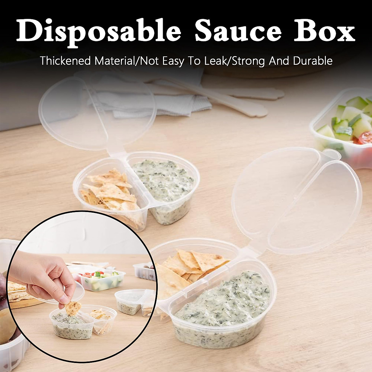 CATPAN Condiment Containers with Hinged Lids:Disposable Two-Compartment Sauce Containers,Clear Leak Proof Sauce Cups,Small Plastic Containers for Sauces,Travel Snack,100ML,30PCS