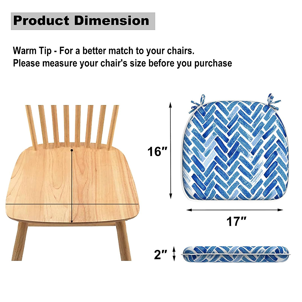 DYTXIII Set of 2 Outdoor Chair Cushions with Ties,Water Repellent Patio Chair Pads 17"x 16" for Outdoor Furniture,Round Corner Seat Cushions for Garden Yard Kitchen Blue Bricks