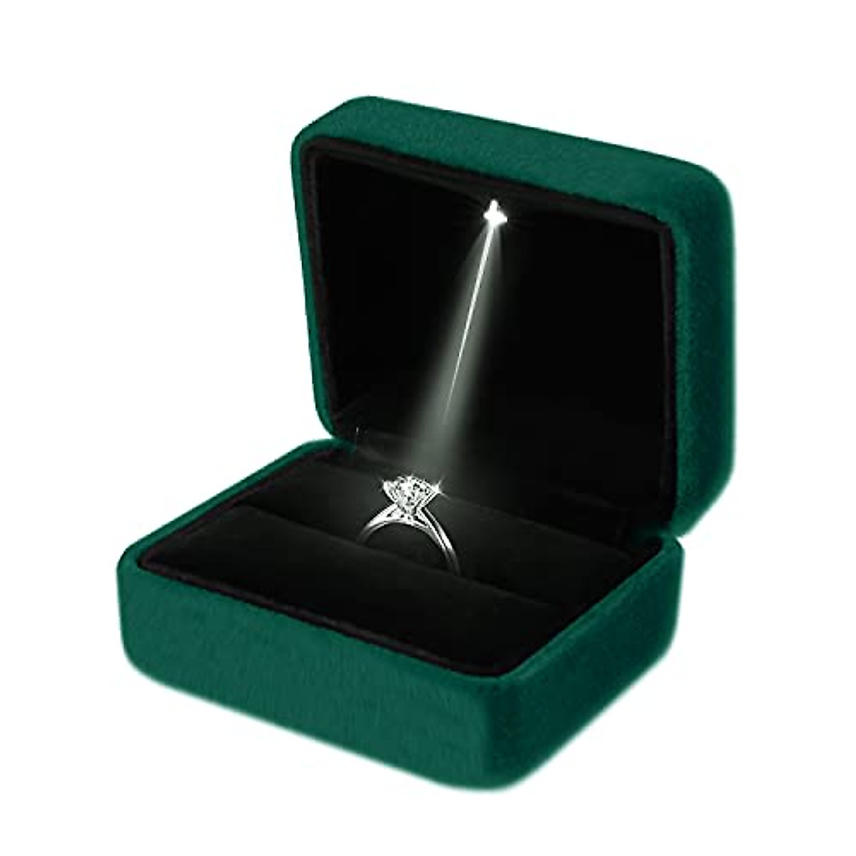 MSSZDLI Lahaima Velvet Ring Box LED Light Jewelry Gift Box Engagement and Wedding Ring Box for Presentation (Dark Green)