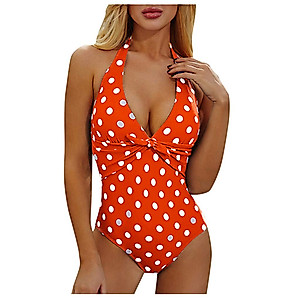 Padaleks Womens One Piece Swimsuit Bikini Halter V Neck Monokini Slimming Bathing Suit Retro Polka Dot Beachwear