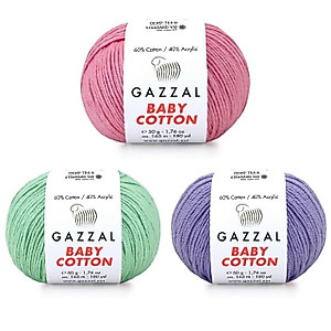 3 Pack (Skein) Gazzal Baby Cotton, 60% Cotton 40% Acrylic, Each Ball 1.76 Oz (50g) / 180 Yards (165m), DK- Worsted, Knitting Yarn, Amigurumi Yarn, Baby Yarn, 3432