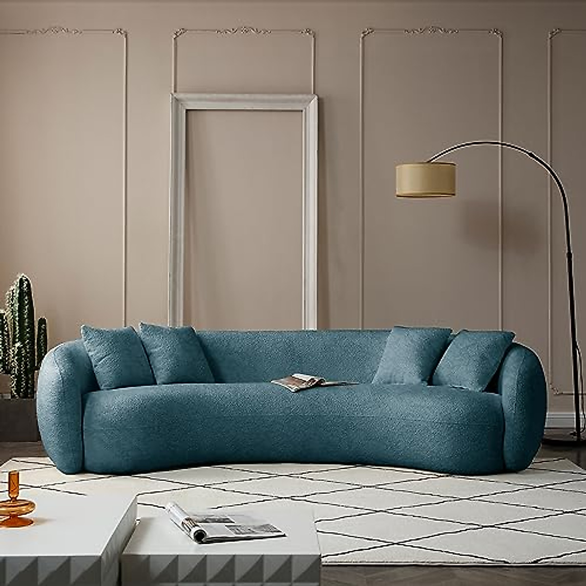 102" Teddy Fleece Boucle Cloud Sofa Modern Half Moon Comfy Sectional Leisure Couch, Beautiful Freestanding Curved Sofa&Couch for Living Room, Professionally Upholstery Perfect Shape, Blue 5 Seats