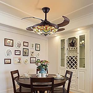 Yaminie 42" Tiffany Invisible Ceiling Fan,Retractable Invisible Ceiling Fan Retro Stained Glass LED Chandelier 3 Speeds 3 Light Changes Fandelier Chandelier Fan for Bedroom Dining Living Room
