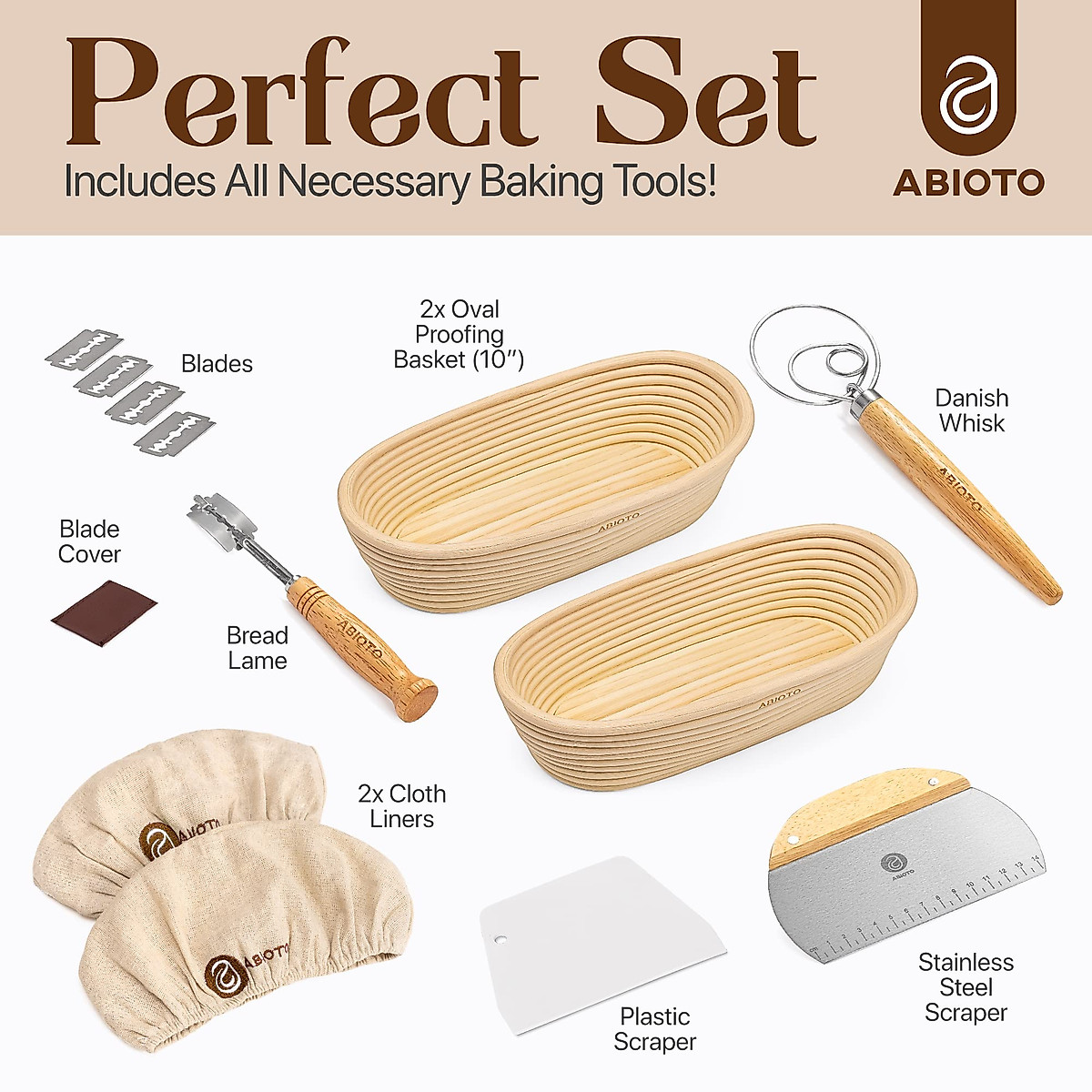 ABIOTO 2 10 Inch Oval Proofing Baskets for Sourdough Bread Baking & Supply, Includes All Necessary Bread Making Tool, Banneton Baskets, Bread Lame, Danish Whisk, Bowl & Dough Scrapers & Linen Liners