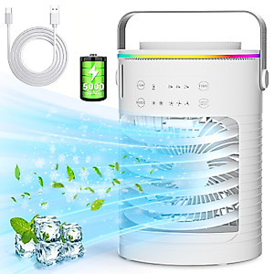 Portable Air Conditioners, 3 Speeds Rechargeable Evaporative Air Cooler With 5000 mAh Batterie, 7-Color LED Light, 2 Cool Mist & 2-8H Timer, Personal Cooling Fan Air Conditioner for Room Car Office