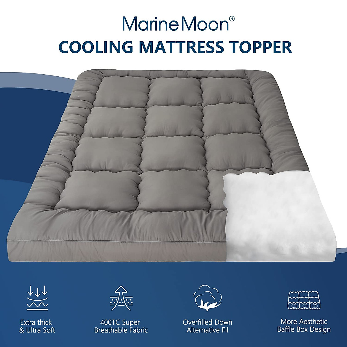 Marine Moon Mattress Topper Queen, Marine Moon Cooling Bed Topper Cover, Thick Soft Pillow Top Mattress Pad, Plush Hotel Down Alternative Mattress Topper with 8-21" Deep Pocket, Grey
