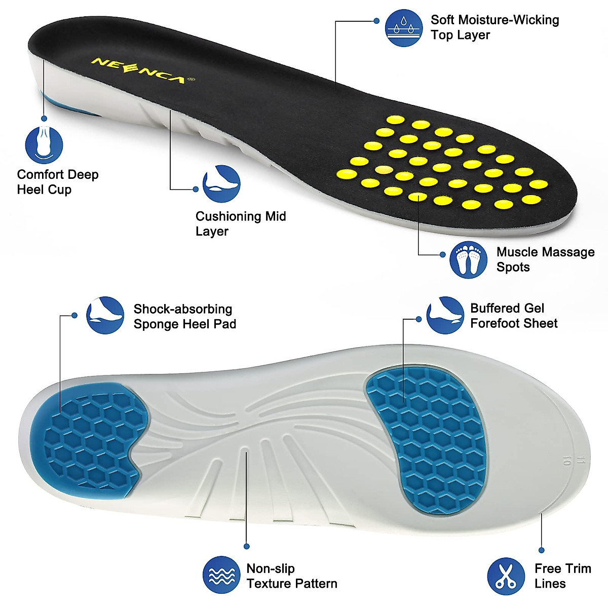 NEENCA Professional Shoe Insoles, Comfort Memory Foam Shoe Inserts, Medical Heel Cushioning with Shock Absorption for Plantar Fasciitis, Arch/Foot/Heel Pain Relief, Workout, Sports, Daily Use
