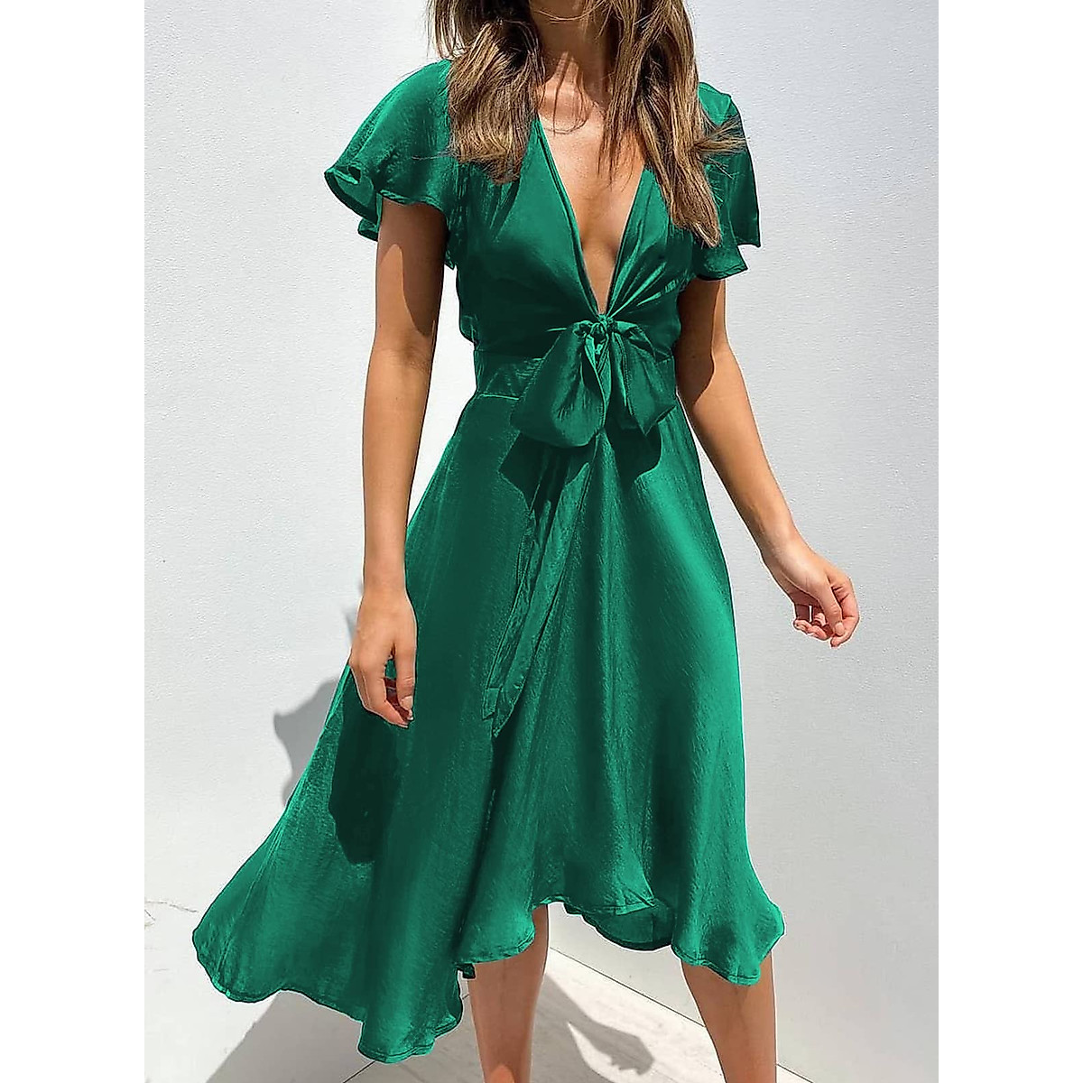 miduo Womens Dresses Satin Summer Loose Wrap Tie Front V Neck Short Sleeve High Waist Skater Swing Cocktail Party Midi Homecoming Dresses Green XXL