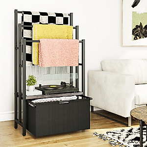 Freestanding Towel Rack with Drawers, SDXYSTCE 3 Tiers Standing Blanket Racks for Bedroom, 23.6" L x 11.8" W x 43.3" H, Blanket Holder with Shelf, Upgrade Steady Design,Grey