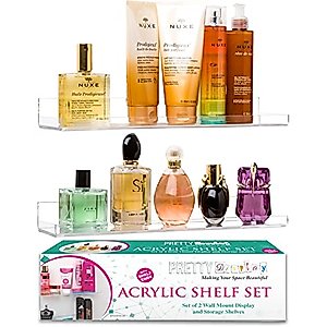 Pretty Display Acrylic Bathroom Shelves [2 Pack] Wall Mounted 15" Shelf Set - Crystal Clear Floating Shelves, Easy to Wall Mount, Rust-Proof & Maintenance-Free