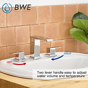 BWE Waterfall Widespread Bathroom Faucet Chrome 3 Holes with Pop Up Drain Stopper with Overflow and Supply Line Lead-Free 2-Handle Bath Lavatory Vanity Sink Mixer Tap Square
