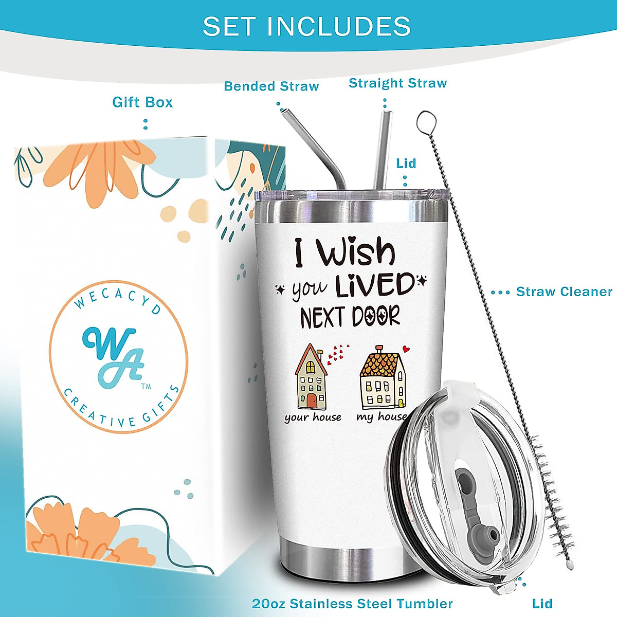 WECACYD Best Friends Gifts for Women - Birthday Gifts for Women - I wish you lived next door 20oz White Tumbler - Unique Gifts for Friendship, Long Distance, Bestie, Sister, Hostess, BFF Gifts