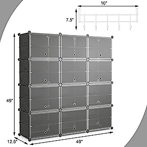 Safstar 48 Pairs 12 Cube Shoe Rack Organizer, Freestanding Shoe Storage Cabinets with Side Hanging Hook, Expandable Cube for Heels & Boots, Space Saver Shoe Racks for Closet Entryway Bedroom Hallway
