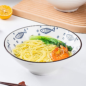 QINLANG 32 oz Japanese Ramen Bowls Set of 6, Pho Bowls, 8 Inches Blue and White Ceramic Soup Bowls, Fish Pattern