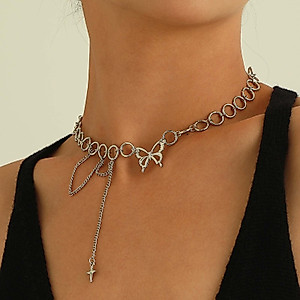 Iaceble Punk Butterfly Link Chain Necklace Butterfly Cross Choker Necklace Cross Butterfly Clavicle Necklace Silver Circle Rings Necklace Chain Jewelry for Women and Girls