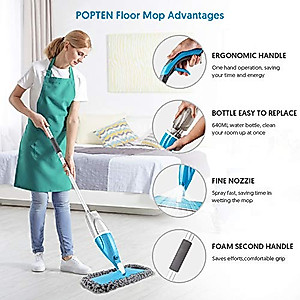 Microfiber Spray Floor Mops for Floors Cleaning, POPTEN 360 Degree Cleaning Kitchen Mop with 640ML Refillable Bottle,3 Washable Mop Pads and 1 Scraper Dust Mop Wet Mop for Laminate,Hardwood,Ceramic