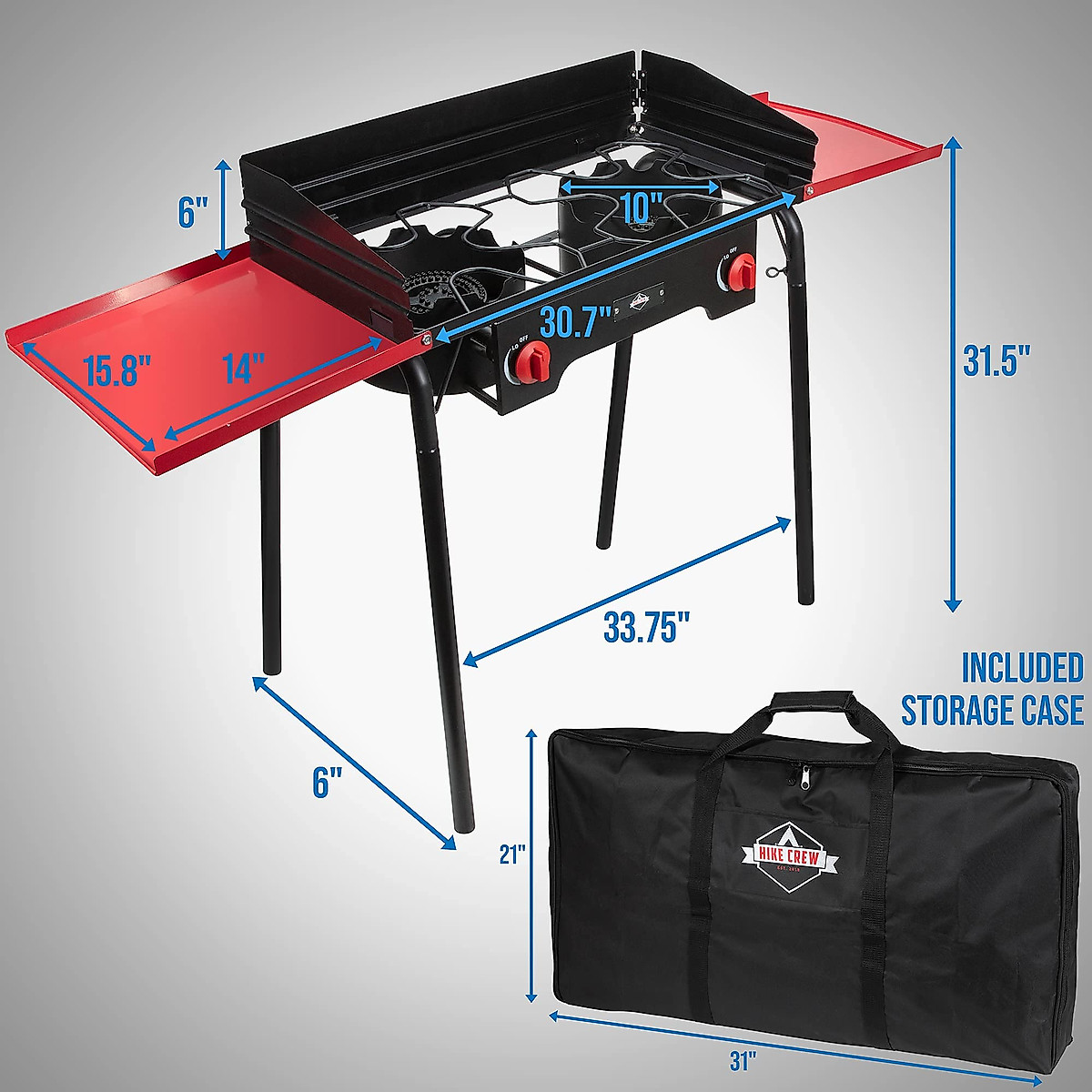 Hike Crew Cast Iron Double-Burner Outdoor Gas Stove | 150,000 BTU Portable Propane-Powered Cooktop with Removable Legs, Temperature Control Knobs, Wind Panels, Hose, Regulator & Storage Carry Case