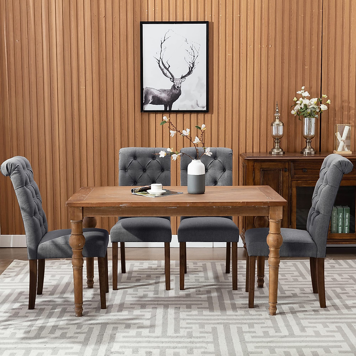 COLAMY Button Tufted Dining Chairs Set of 2, Parsons Upholstered Fabric Dining Room Chairs Kitchen Chairs with Wood Legs and Padded Seat, Dark Grey