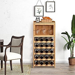 COSTWAY Freestanding Wine Rack, 20-Bottle Wine Display Shelf w/ 100% Bamboo Material, Glass Holder, Transparent Cabinet Door, Vertical Wine Bar Cabinet Organizer for Kitchen, Pantry, Home Bar