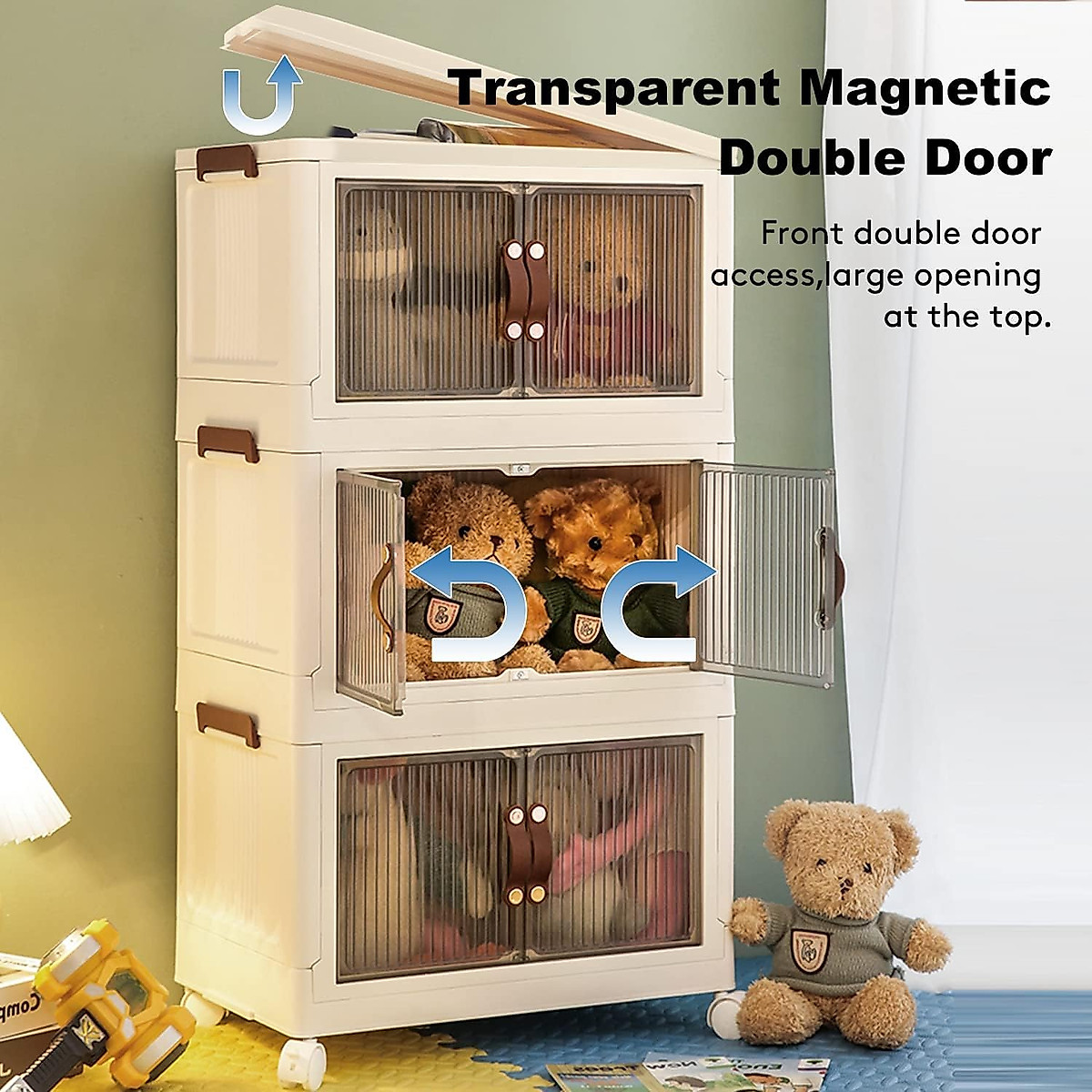 DAMGOLOZA 3-Pack Stackable and Foldable Storage Bins with Lids and Wheels, Collapsible Plastic Drawer Organizers for Closet, Home, Office, Dorm, 8.6 Gal Storage Boxes for Clothes and Crafts