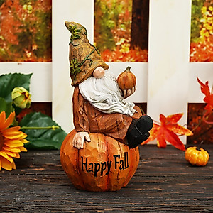 Topadorn Fall Garden Gnome Figurine Sitting on Pumpkin Statue Autumn Harvest Garden Gnomes Statue Figurine for Patio Yard Lawn Porch Decoration，Happy Fall