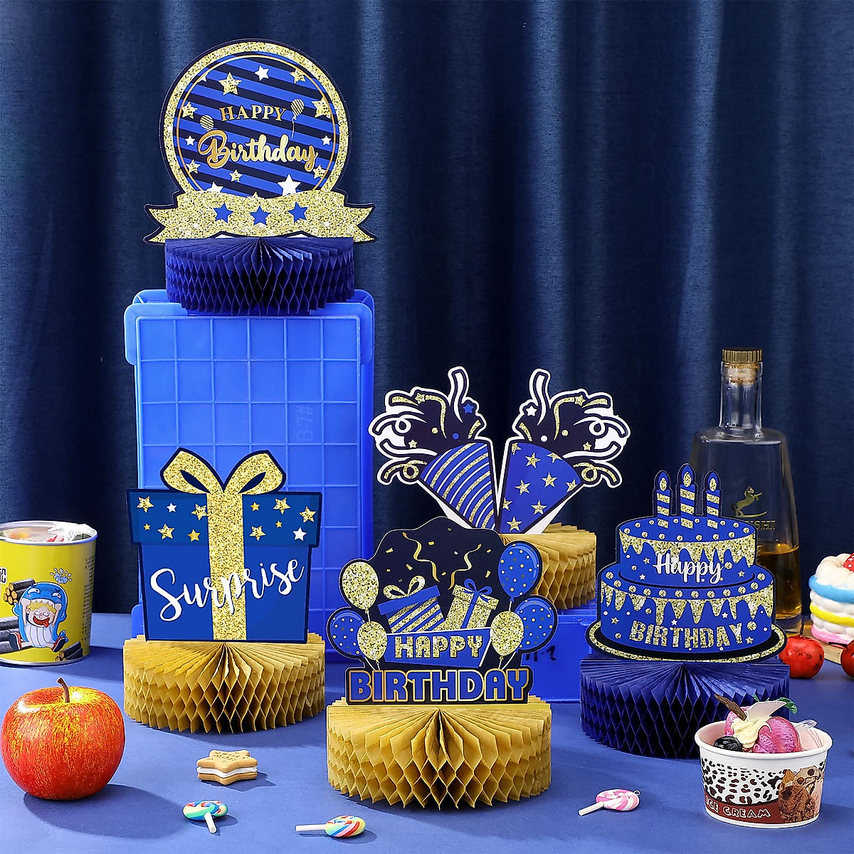 9 Pieces Blue Gold Birthday Table Decorations Happy Birthday Honeycomb Centerpieces Glitter Table Toppers, Blue and Gold Party Decorations for Kids Baby Shower, Men and Woman Birthday Supplies