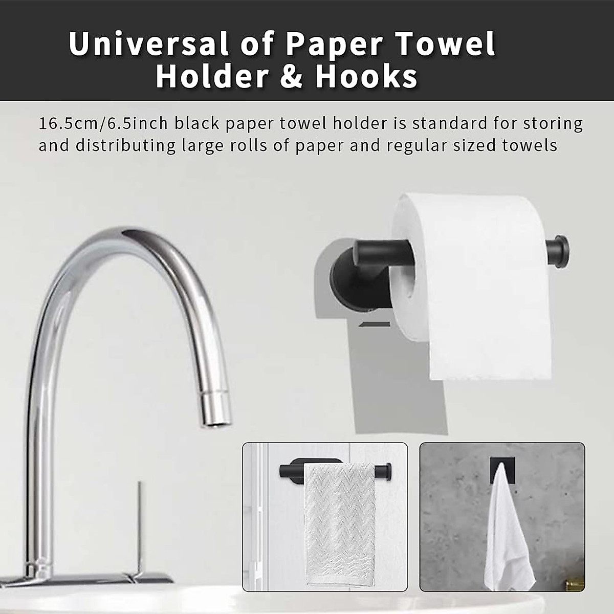 Self-Adhesive Paper Towel Holder - Punch-Free Paper Towel Rack - Stainless Steel Paper Towels Rolls with 4PCS Hooks Under Cabinet Wall Mount Paper Towel Bar for Kitchen, Pantry, Sink, Bathroom, Room