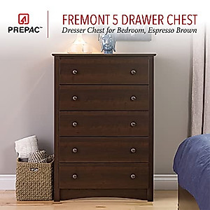 Prepac Fremont Superior 5-Drawer Chest for Bedroom - Spacious and Stylish Chest of Drawers, Measuring 17.75"D x 31.5"W x 44.75"H, In Espresso Finish