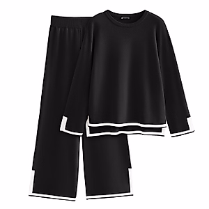 PRETTYGARDEN Women's 2 Piece Knit Sweater Set Casual Long Sleeve Pullover Wide Leg Pants Sweatsuit Tracksuit Outfit (Black,Medium)