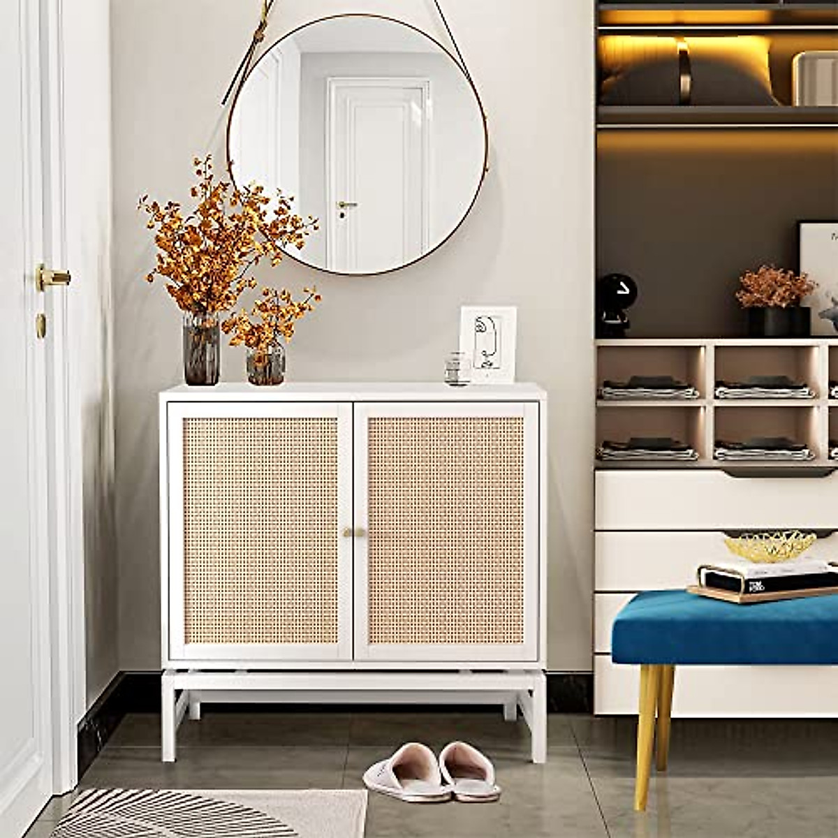 AWQM 2pcs Rattan Sideboard Buffet Cabinet with Storage,Kithchen Accent Storage Cabinet with Doors Console Table with Adjustable Shelves,Wood Console Cabinet for Dining Room,Living Room,White