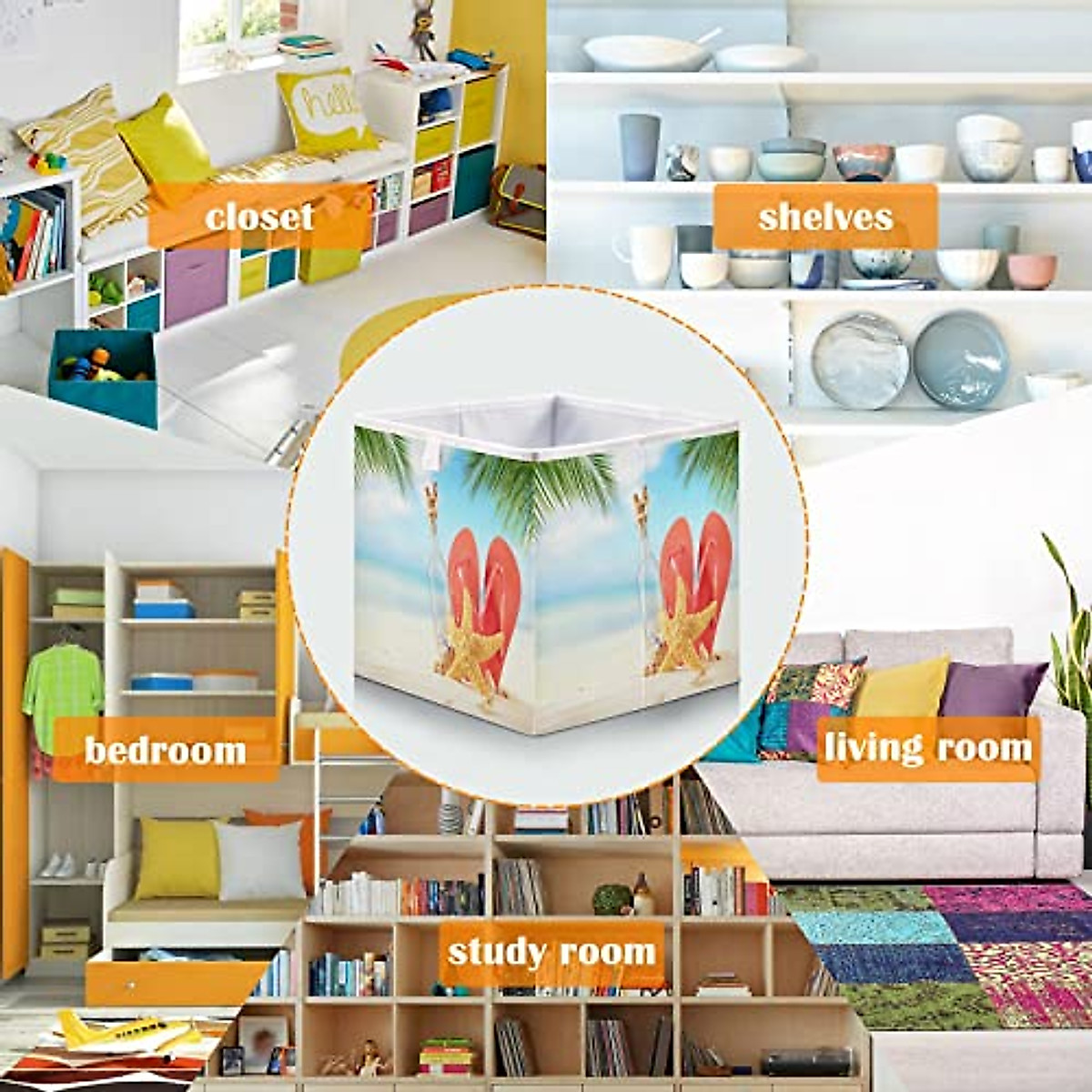 ALAZA Foldable Storage Bins, Empty Glass and Flipflops on Beach Storage Boxes Decorative Basket for Bedroom Nursery Closet Toys Books