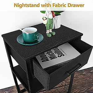 Black Night Stand with Charging Station, Small Bedside Tables with Storage Shelf for Small Spaces, Industrial End Table with Fabric Drawer for Living Room, Bedroom, Office
