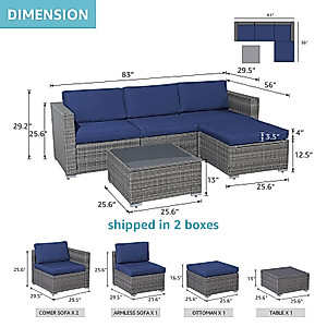 Patiorama 5 Piece Outdoor Patio Furniture Set, Outdoor Sectional Conversation Set, All-Weather Grey PE Wicker w/Navy Blue Cushions, Outdoor Backyard Porch Garden Poolside Balcony Furniture Set