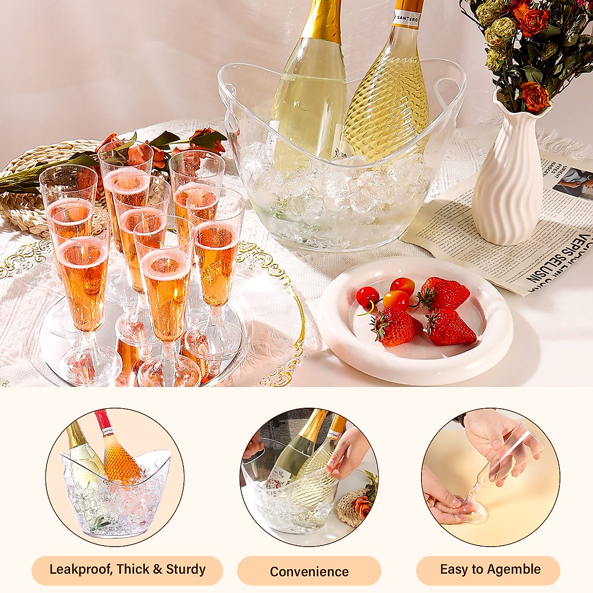 Ice Bucket for Parties 2 Pcs 4 Liter Beverage Tub Ice Tub Wine Beer Drink Buckets for Parties Mimosa Bar Clear Plastic Champagne Acrylic Ice Bucket with Scoop for Cocktail Beer Bottle