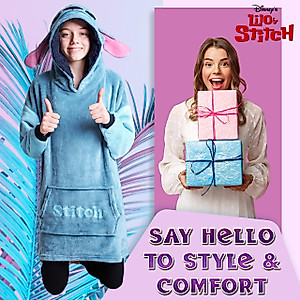 Disney Stitch Fleece Hoodie Blanket for Kids and Teenagers - One Size Fluffy Oversized Hoodie - Stitch Gifts (Blue Stitch)