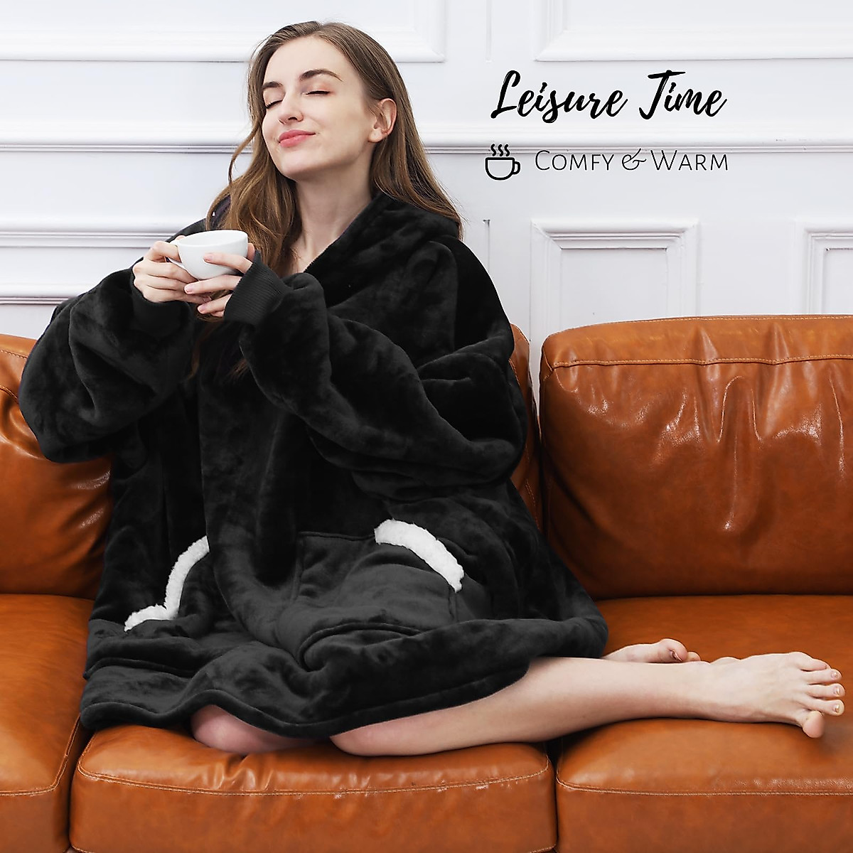 Kipswiza Oversized Sherpa Blanket Hoodie for Adult Women Men Teen - Thick Warm Wearable Hooded Sweatshirt Blanket Black