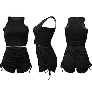 Summer Two Piece Outfits for Women, Casual Stretchy Ribbed Tank Crop Top Drawstring Ruched Shorts Set Workout Tracksuits (Black,M)
