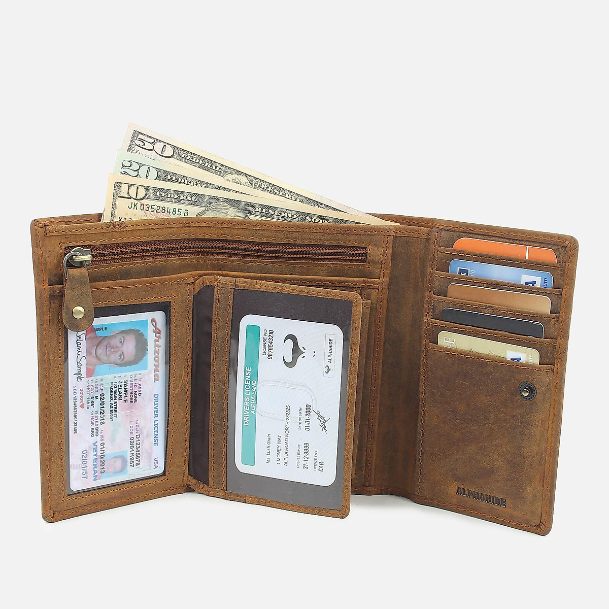 AlphaHide RFID Blocking Ladies Wallet - Credit Card Wallet for Women - Trifold Wallets for Girls - Crazy Horse Genuine Leather - Large Coin Pocket - Two ID Windows - Gift Boxed